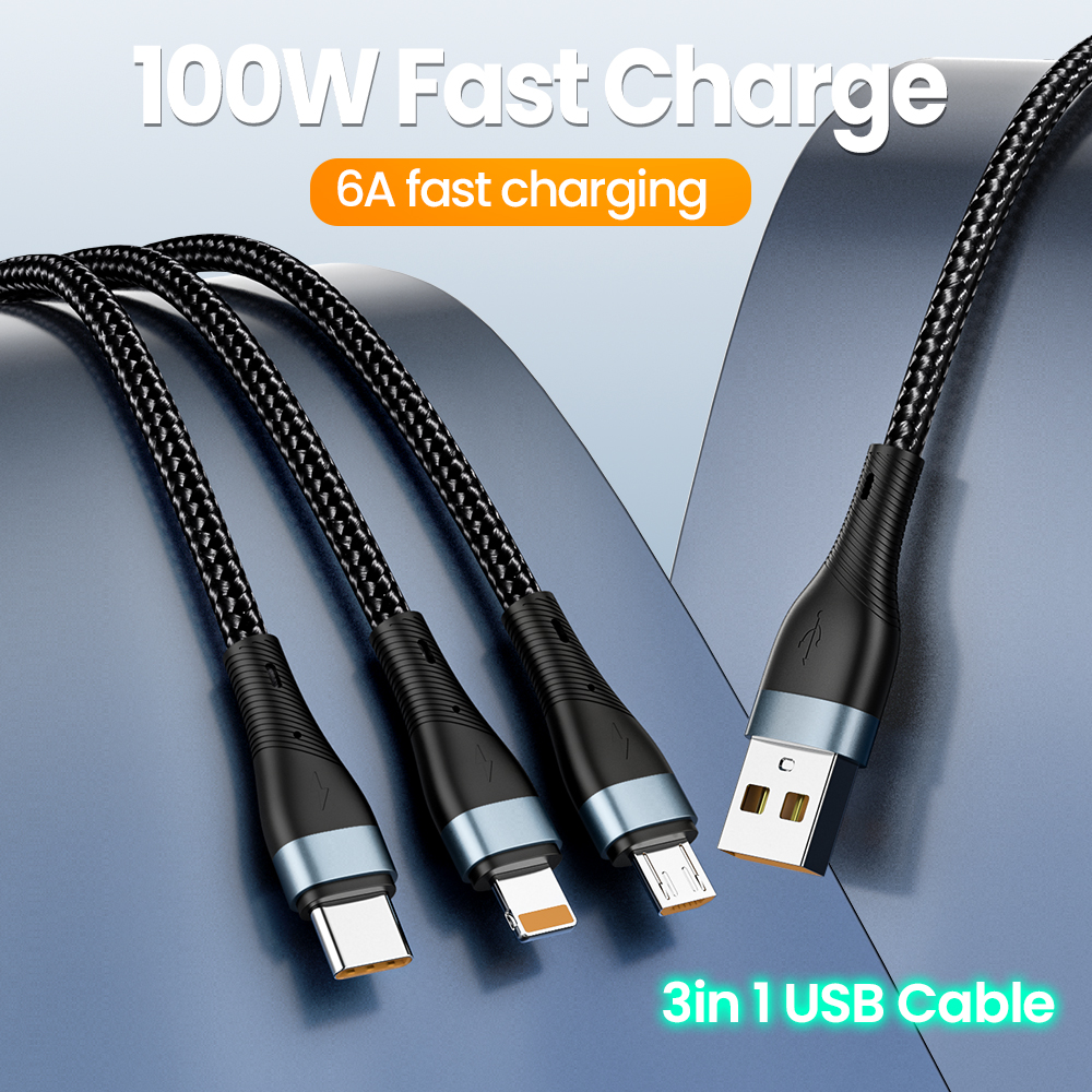 สายชาร์จเร็ว 3In1 100W 6A สาย USB 6A สาย Type C PD ชาร์จเร็ว สำหรับ Samsung S22/20 S4 Xiaomi Mi ...