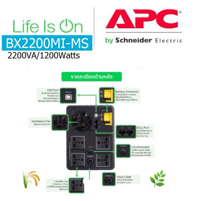APC BACK UPS BX2200MI-MS (2200VA/1200Watts) มี มอก AVR 4 Universal ...