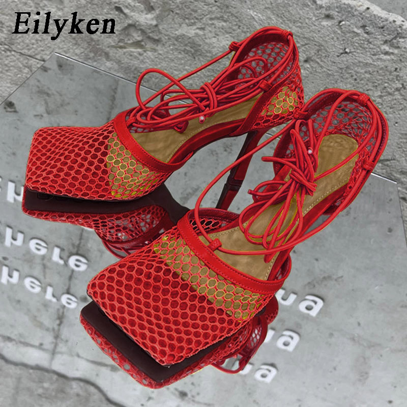 Eilyken 2021 New Sexy Yellow Mesh Pumps Sandals Female Square Toe high ...