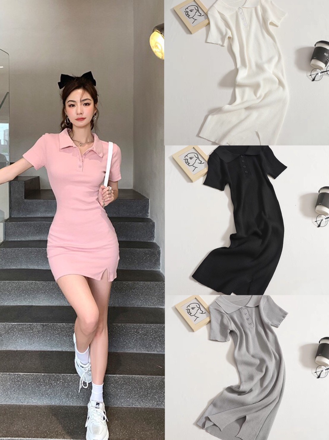 Zero shop????พร้อมส่ง???? (Zero-28068) ชุดเดรส ไหมพรมผ้าร่องคอปกใส่สบาย ดีเทลปลายแหวกเซ็กซี่เบาๆ ...