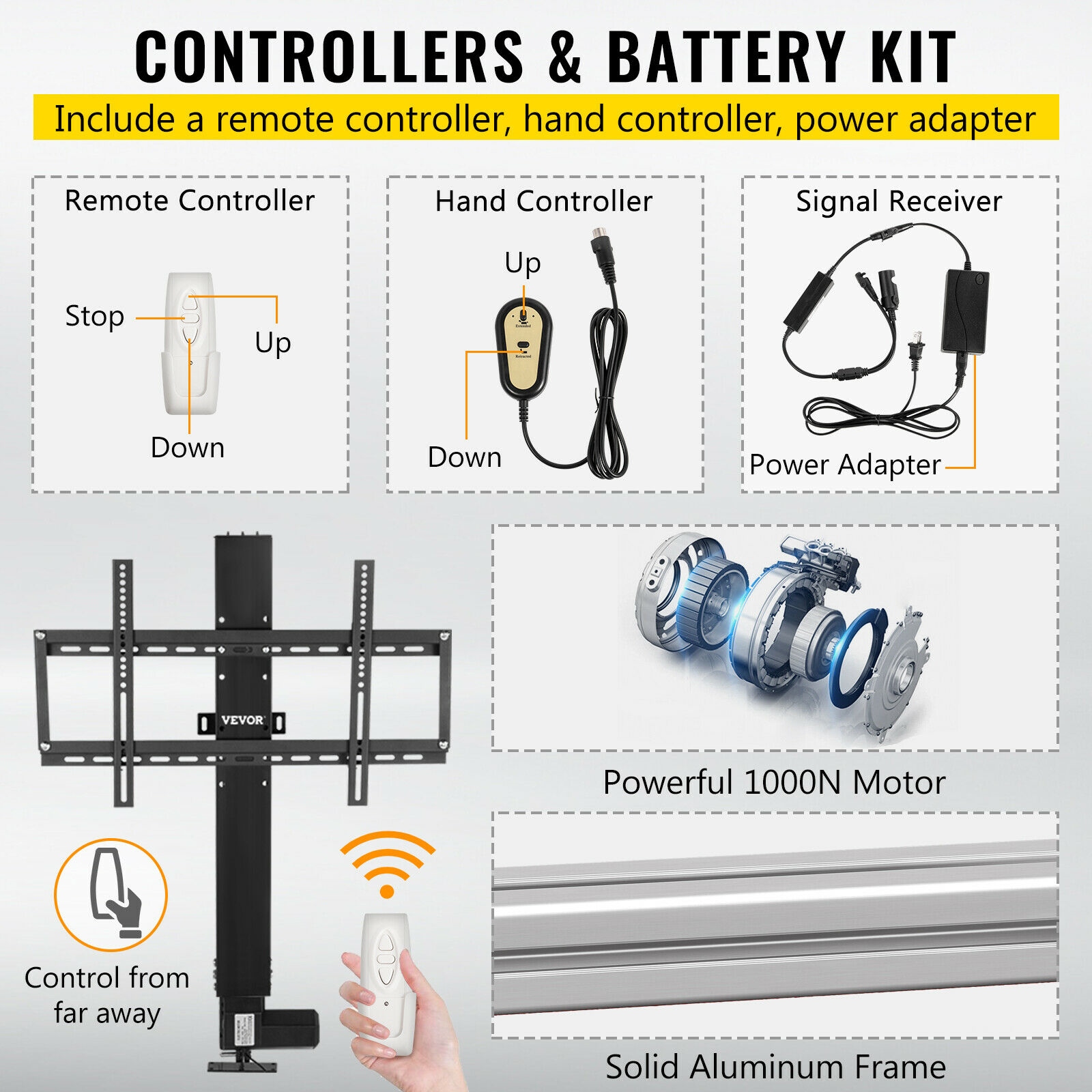 VEVOR TV Lift Motorized W/ Remote Control 500mm 1000mm Stroke Electric ...