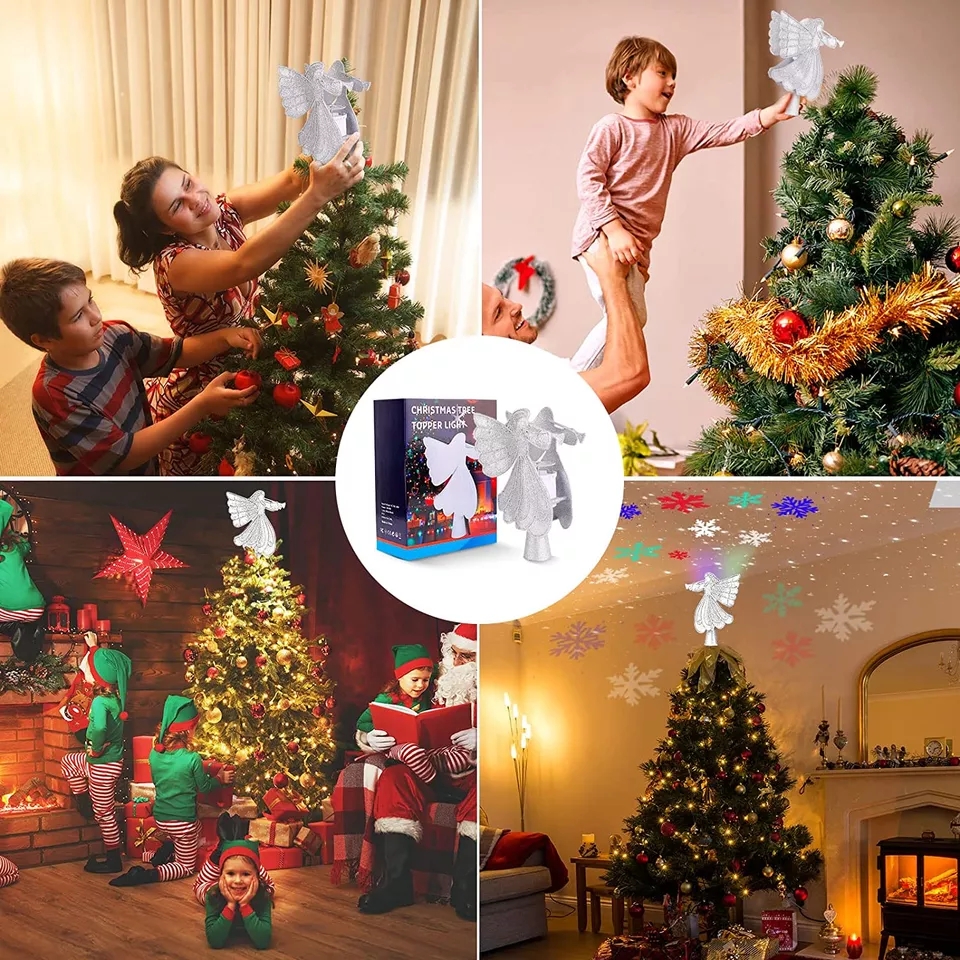 LED projection lamp angel tree top star 3D rotating snowstorm angel ...