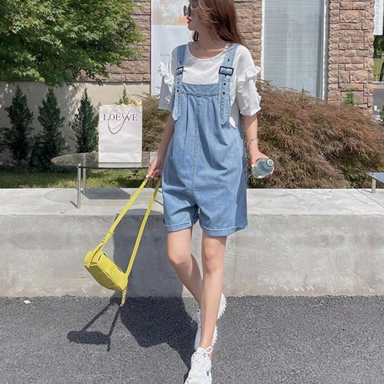 Luna shopกางเกงยีนส์ขาสั้นเอี๊ยมยีนส์ขาสั้น กางเกงหลวม เสื้อผ้าแฟชั่น ...