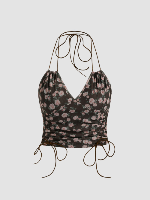 Cider Floral Ruched Halter Top - MixASale