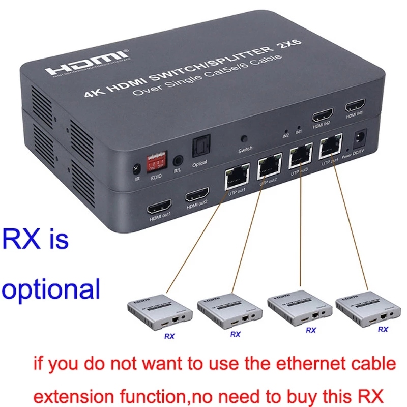 4K 100M 2x6 HDMI Extender Switch Splitter Audio Video Converter 1080P ...