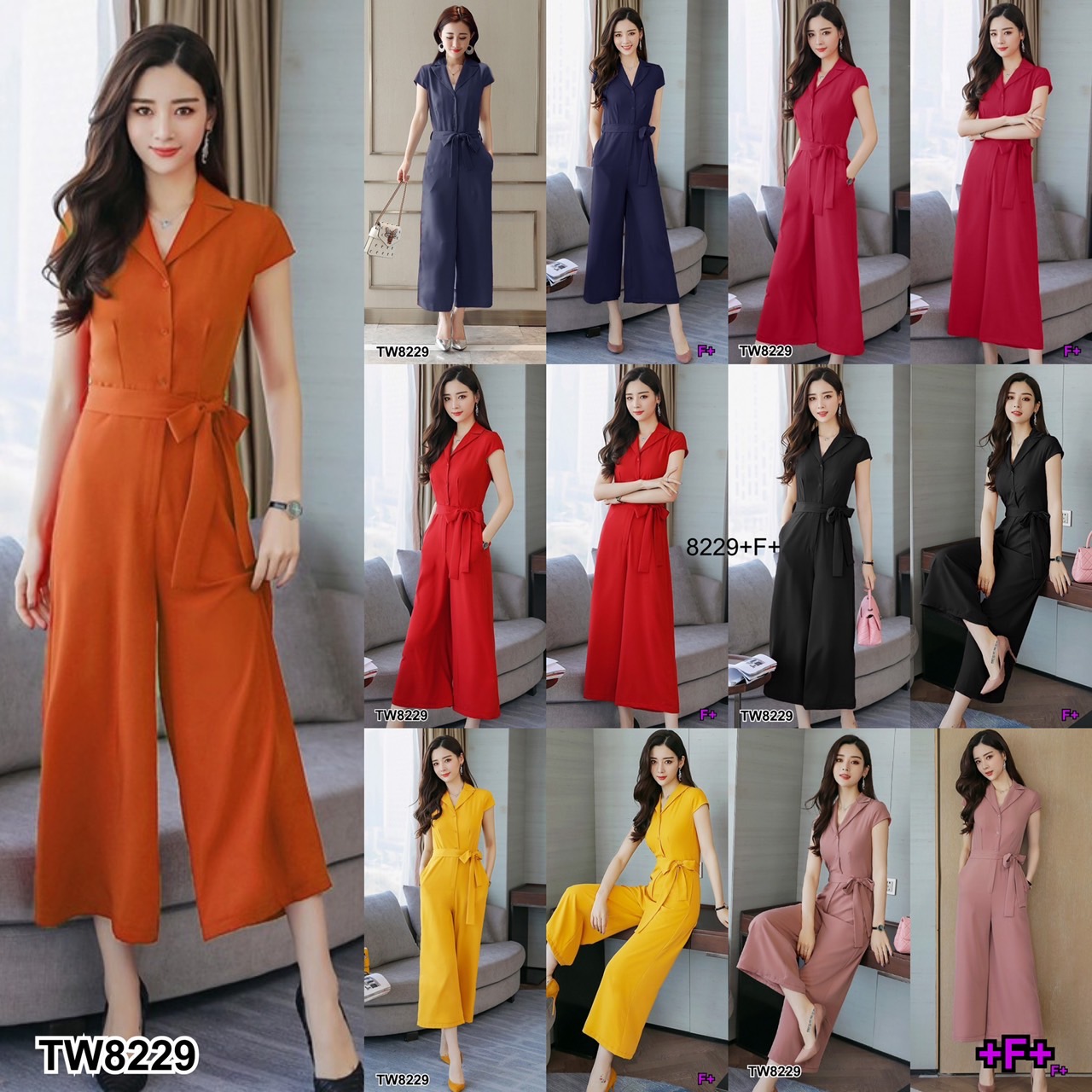 TT18591 Jumpsuit จั้มสูทแขนพองกางเกงกระโปรงลายใบไม้ Jumpsuit with puff sleeves pants skirt leaf ...