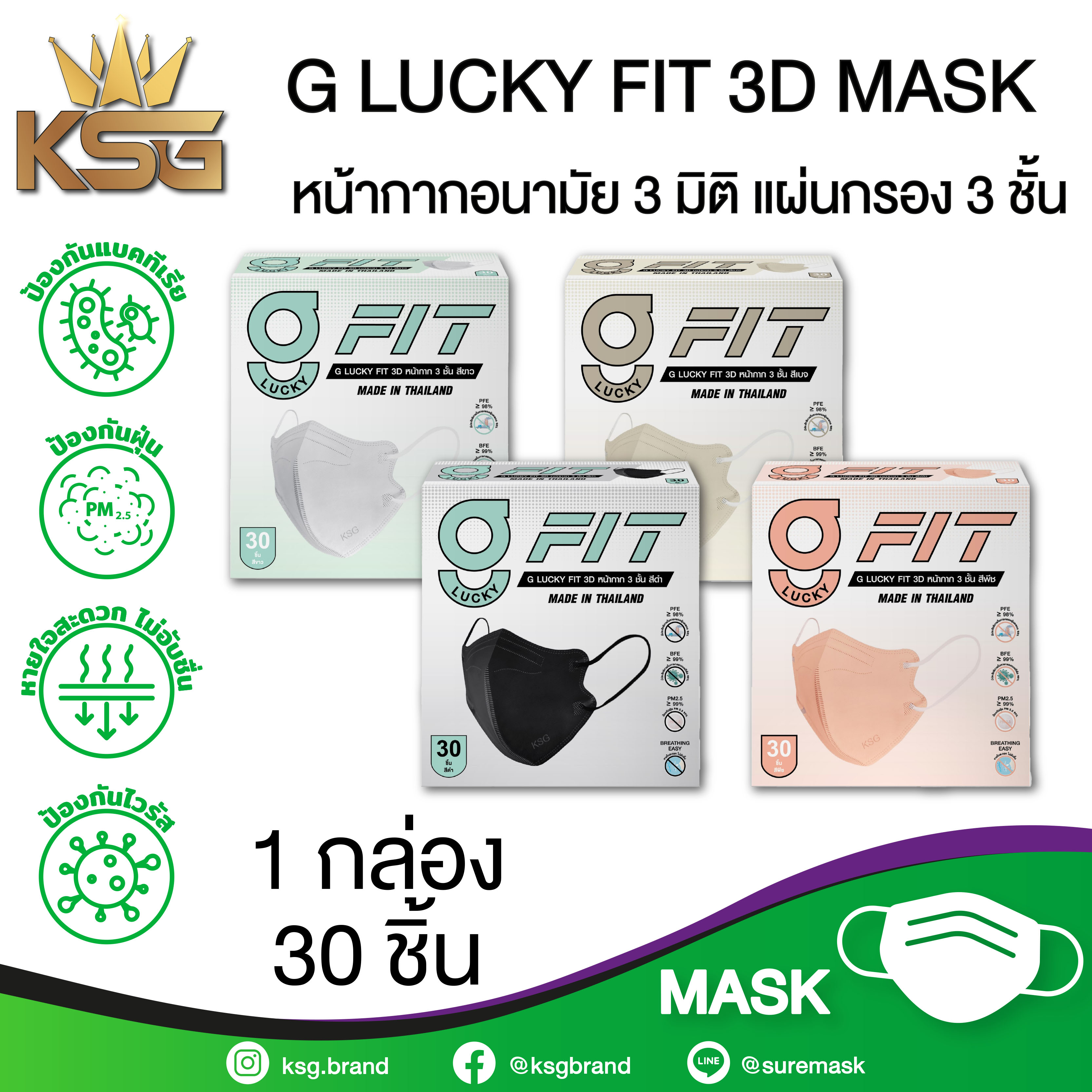 [ KSG Brand Official ] G LUCKY FIT แบบกล่อง 30 ชิ้น หน้ากาก 3 ชั้น ...