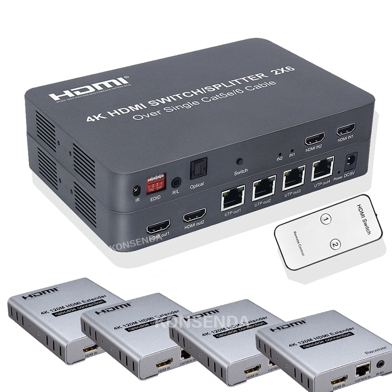 4K 100M 2x6 HDMI Extender Switch Splitter Audio Video Converter 1080P ...