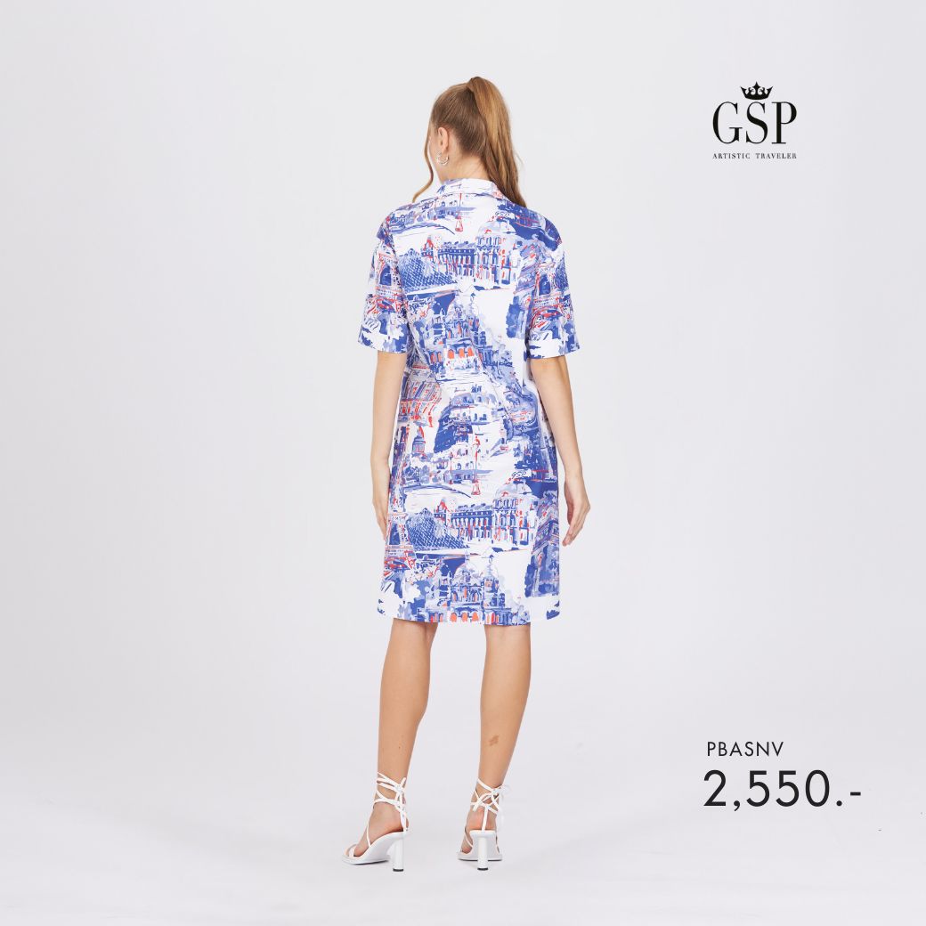 GSP Dress Postcard เดรส ทรงหลวม สีน้ำเงิน ขาว แดง PBASNV - A'MAZE ...