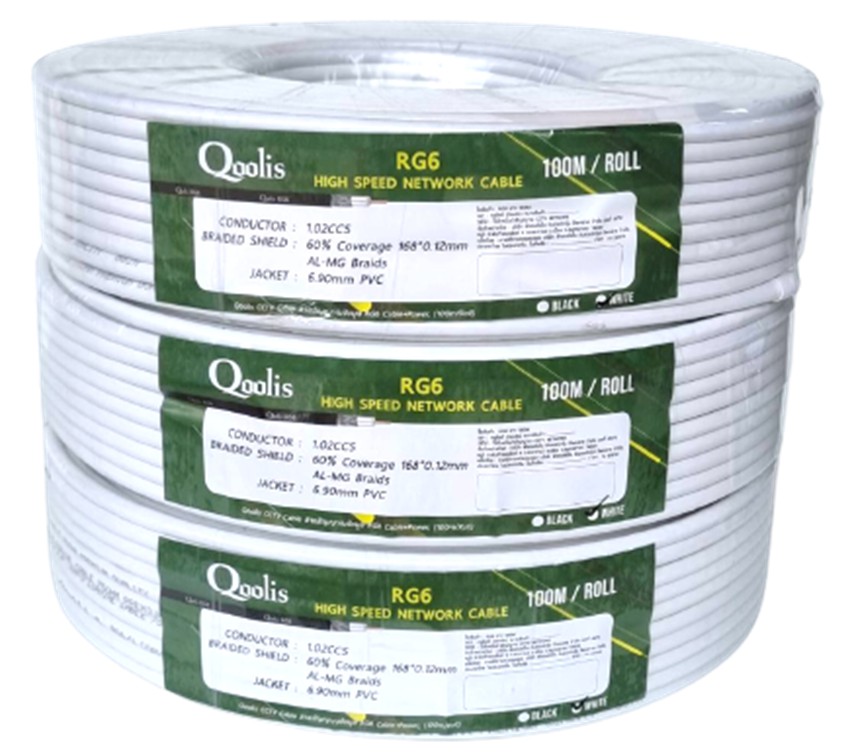 (ขายส่งยกลัง6ม้วน)คลูลิสต์ Qoolis สายสัญญาณ RG6 ซิลด์ 60 สีขาว ม้วนละ ...