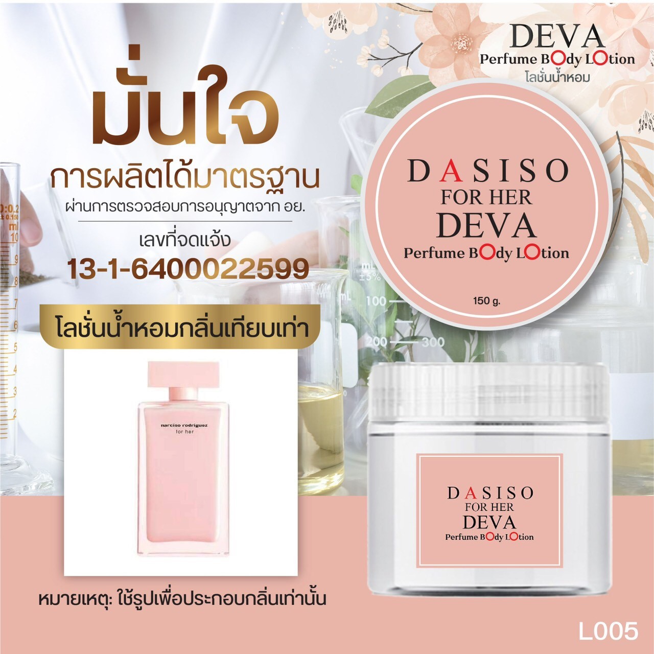 โลชั่นน้ำหอม DEVA [กลิ่น Dasiso rodriguez สีชมพู จำนวน 1 ปุก ] เทียบเท่าเค้าเตอร์แบรนด์ บำรุงผิว ...