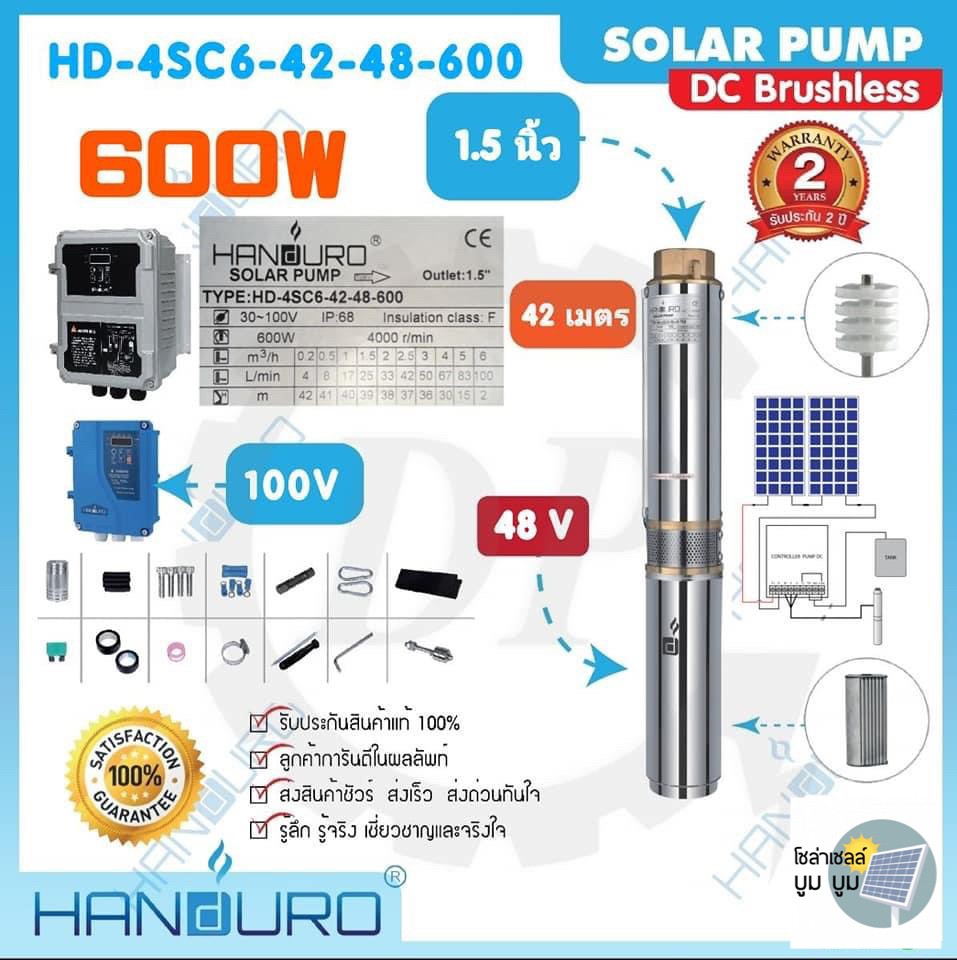 ปั๊มน้ำบาดาลโซล่าเซลล์ DC แฮนดูโร่ Handuro บ่อ 3 นิ้ว 300w 600w 750w ...
