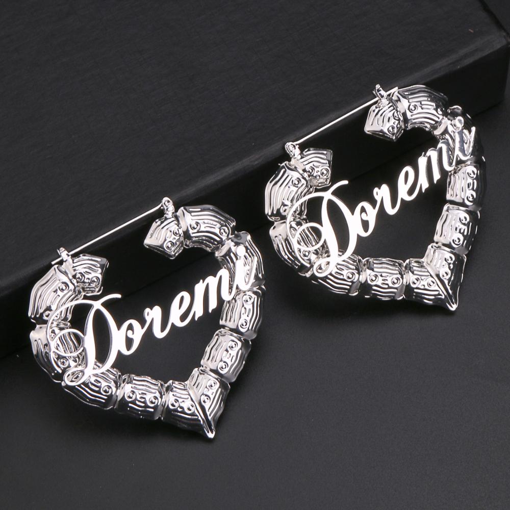 DOREMI 30-90มิลลิเมตรสแตนเลสไม้ไผ่ที่กำหนดเองรูปหัวใจต่างหูปรับแต่งชื่อ ...