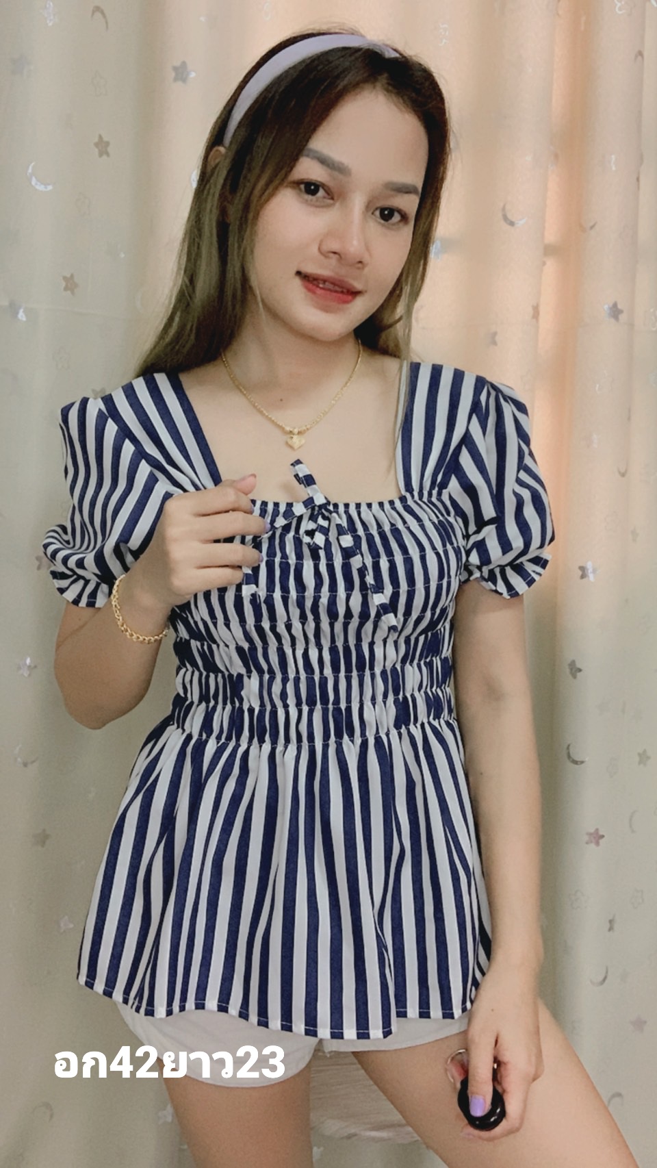 ส่งเร็วพิเศษ เสื้อสม้อครอบอกลายริ้วแขนตุ๊กตา - by_fon_shop - ThaiPick