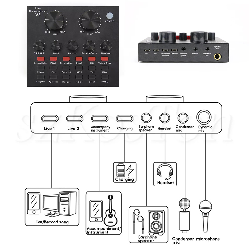 V8 Audio Live Sound Card for Phone Computer USB Headset Microphone ...