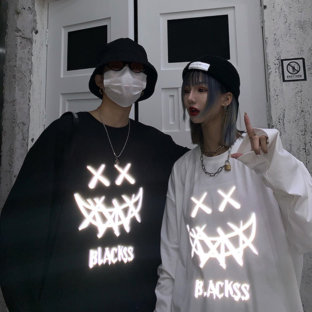 Ins Korean Harajuku Style Street Hip-Hop Reflective Dark Print Loose Pullover Long Sleeve T ...