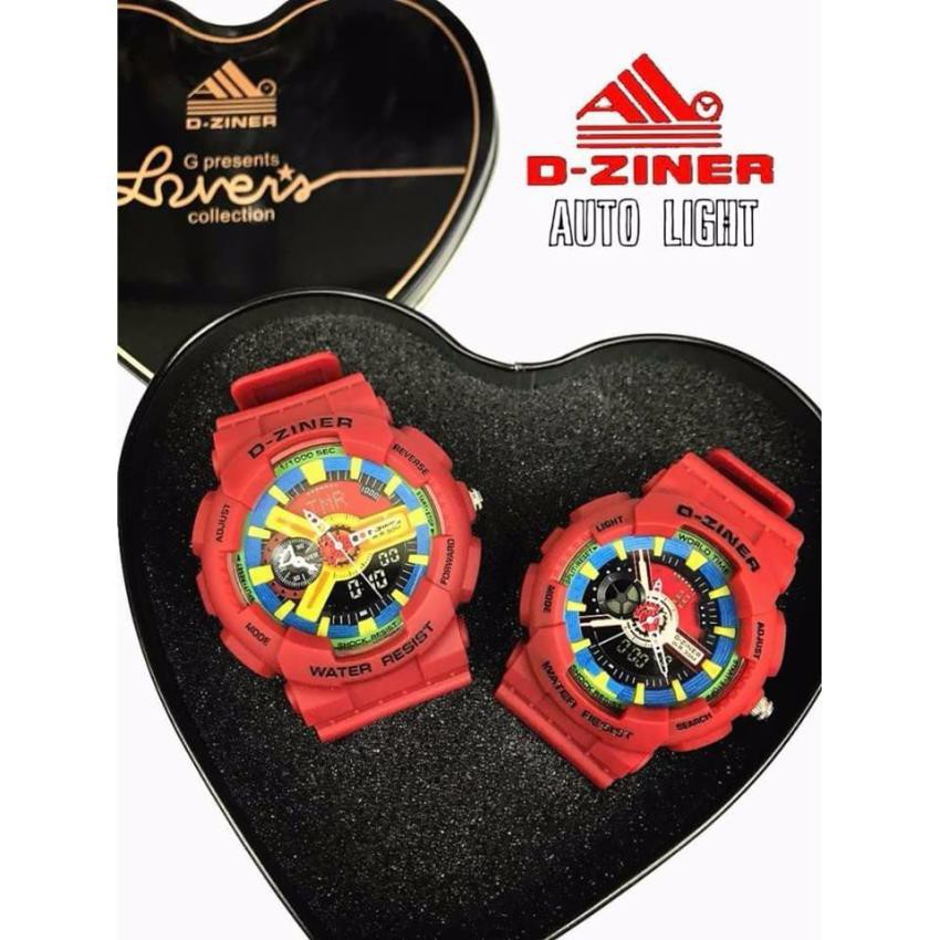 นาฬิกาข้อมือผู้หญิง ผู้ชาย D-Ziner collection คู่รัก แฟชั่น สีแดง มีไฟ ...