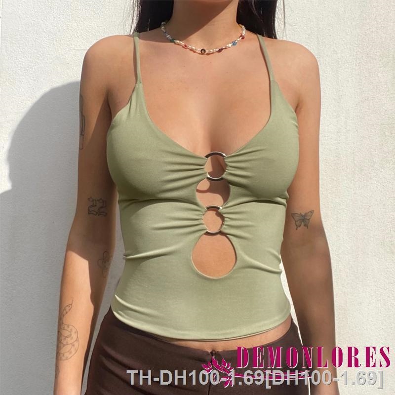 DH100-1.69 Demq- เสื้อครอปท็อปคอยูสีพื้นแบบรัดรูปตกแต่ง U สําหรับผู้หญิง - jiu423 - ThaiPick