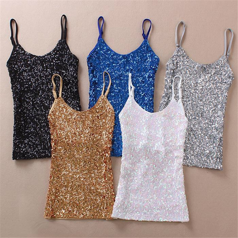 y Women Ladies Sequined Bling Shiny Tank Tops Sleeveless T Shirts Camis ...