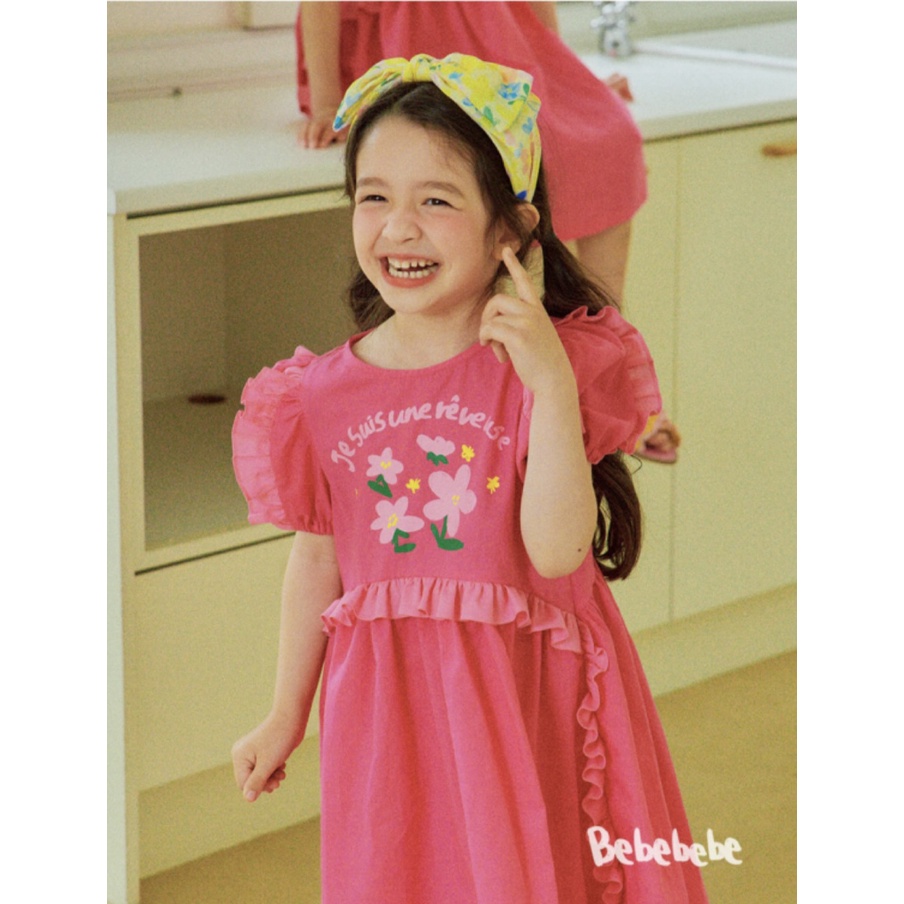 พร้อมส่ง8090100110สินค้าลิขสิทธิ์แท้Iris kids IKD06 Yellow flower pink princess dress เดรสเด็ก ...