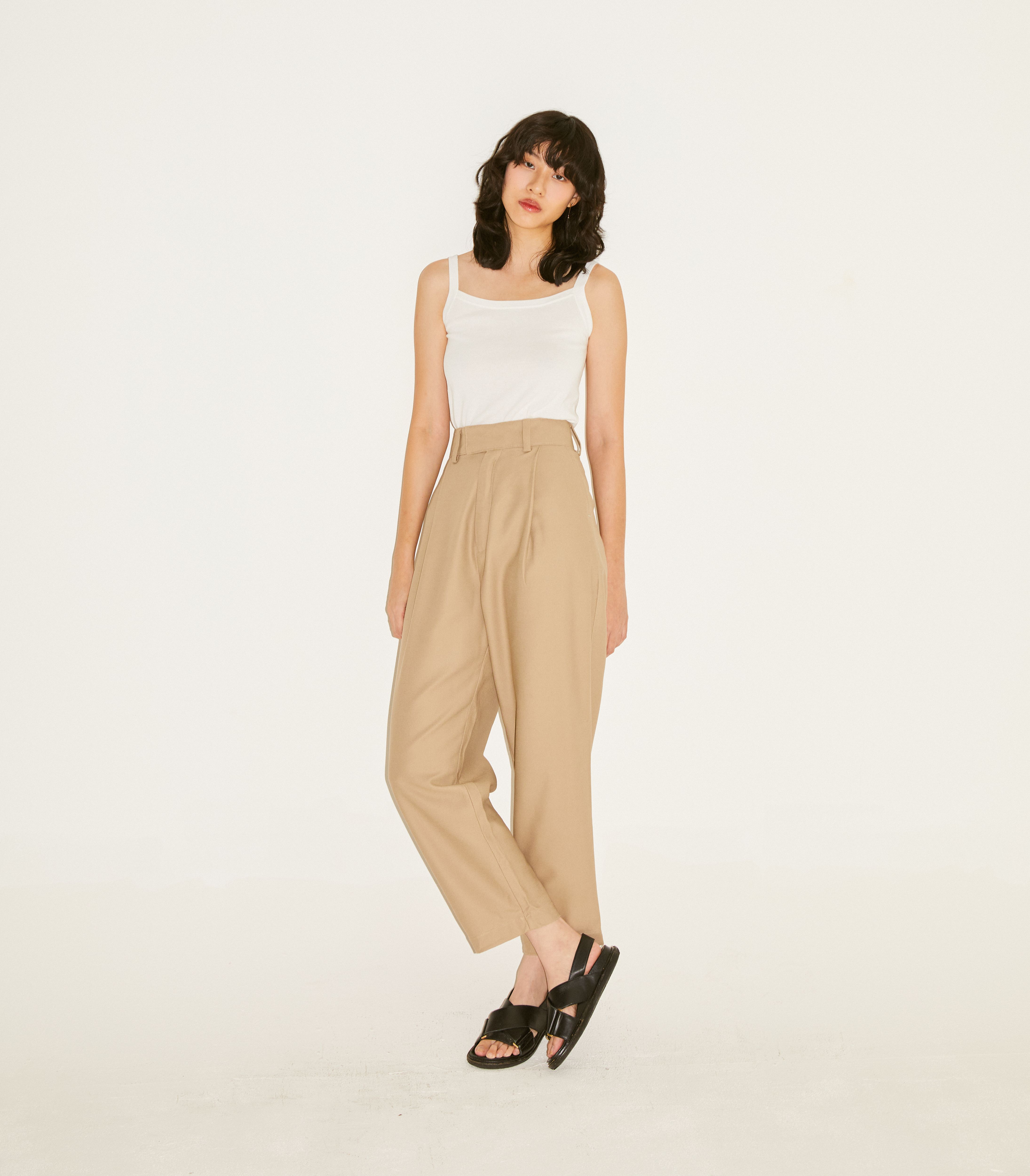 Pleated Deep Trousers กางเกงเอวสูง ปลายขางุ้มเข้า Cotton100% เก็บทรงดี ...