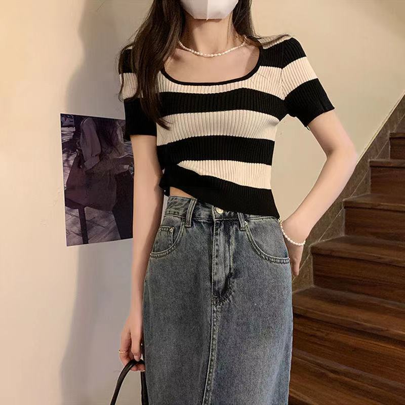 💕Kim-shop*พร้อมส่ง😍เสื้อยืดแฟชั่น แขนสั่น ลายทางผ้าล่อง | Lazada.co.th