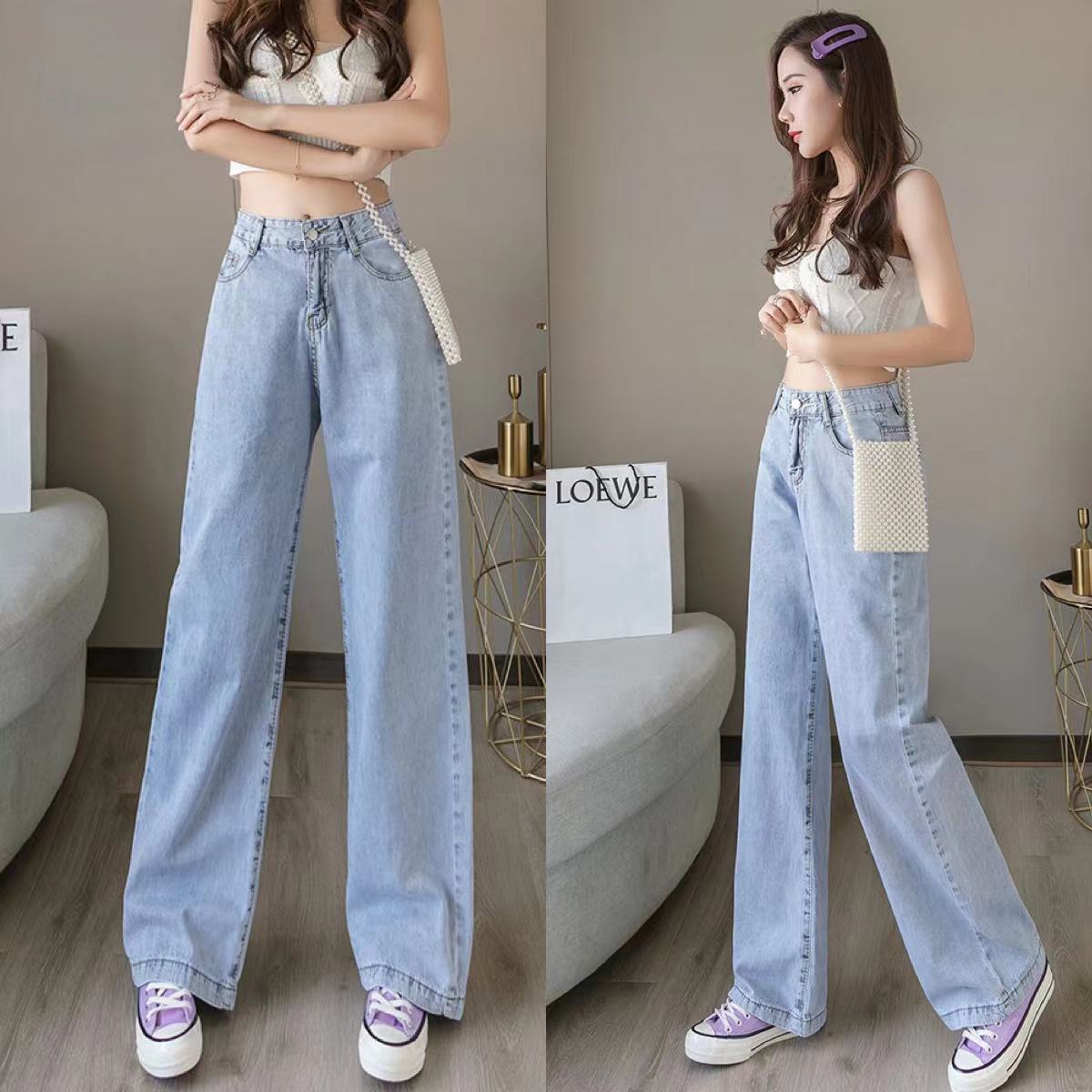 CYGY แฟชั่นกางเกงยีนส์เอวสูง ขากระบอกใหญ่ วินเทจ ผ้ายีนส์แท้ รุ่น ...