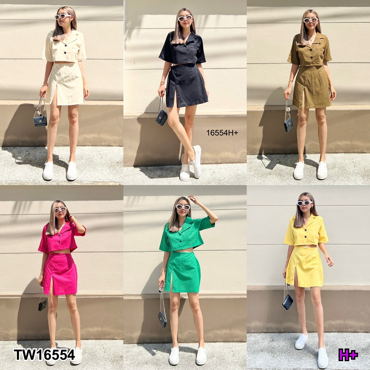 16554 Set 2 ชิ้น เสื้อเชิ้ตครอป + กระโปรงสั้น Set of 2 pieces: cropped ...