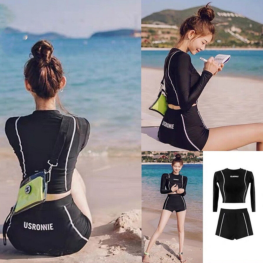 Swimsuit ชุดว่ายน้ำ ทูพีช กางเกงขาสั้น แขนยาว เรียบร้อย เอวสูง ใส่ผอม