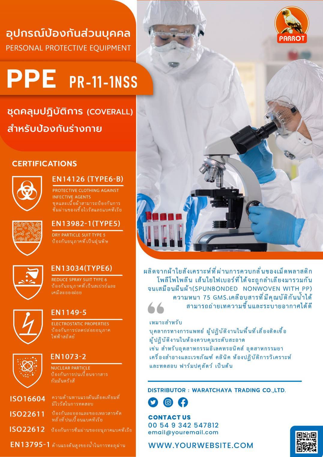 ชุด PPE PARROT รุ่น HF-501 (ผลิตในไทย)ชุดป้องกันส่วนบุคคล ป้องกันเชื้อโรค เคมี ฝุ่นละออง ผลิตจาก ...