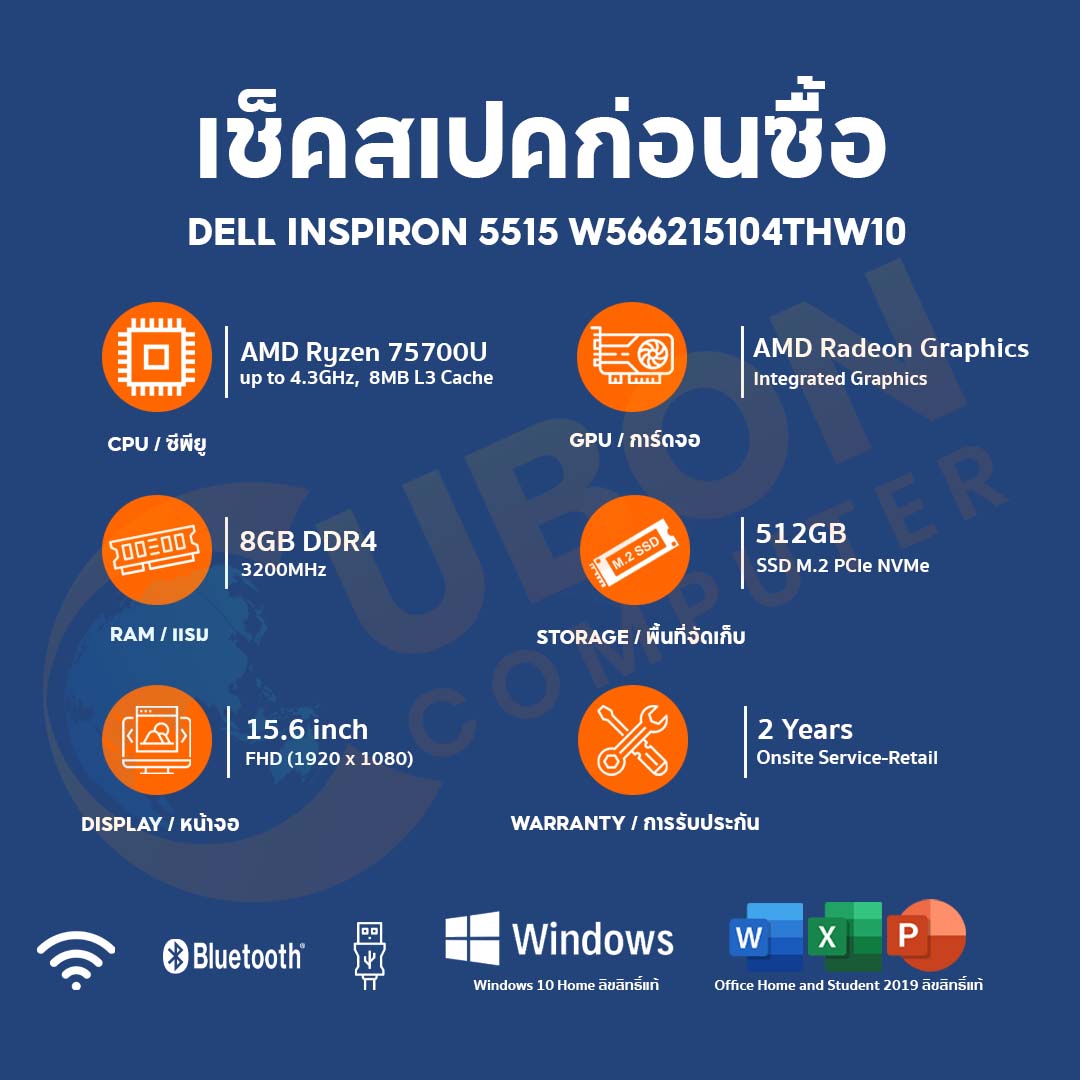 [ผ่อน0%,เเถมGift Voucher 300 บาท] NOTEBOOK โน๊ตบุ๊ค DELL INSPIRON 5515 W566215104THW10 AMD ...