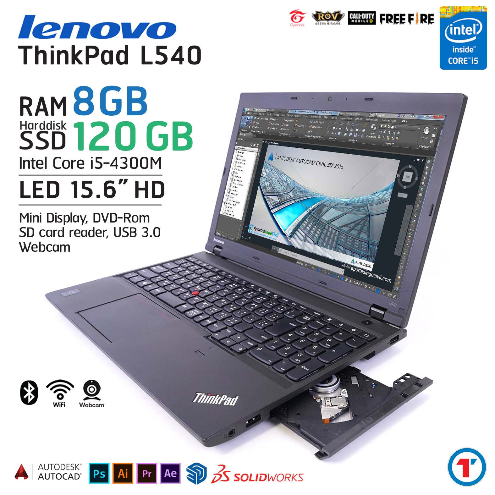 โน๊ตบุ๊ค Lenovo ThinkPad L540-Core i5 GEN 4 / RAM 8GB / SSD 120 GB / มีแป้นตัวเลขแยก / คอมมือสอง ...