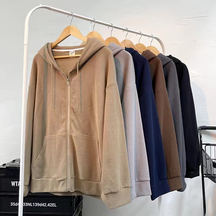 YIY SHOP (7033)เสื้อแจ็คเก็ตแขนยาว แบบบาง มีซิป มีฮู้ด ผ้าวาฟเฟิล ทรง ...