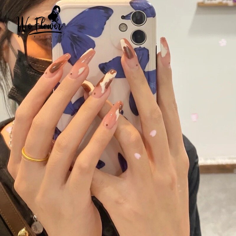 We Flower Ins Trendy Coffee Dairy Artificial Nail for Women Chic False Fake Nails DIY Manicure ...