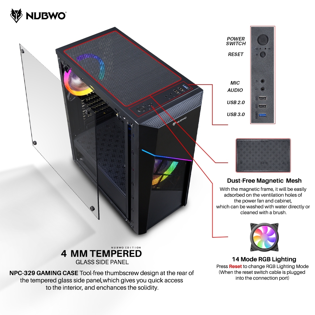 เคสคอมพิวเตอร์ Nubwo ARTEMIS NPC-329 Mini-ITX MICRO-ATX ATX รองรับพัดลมได้ถึง 4 ตัว มีไฟ Rainbow ...