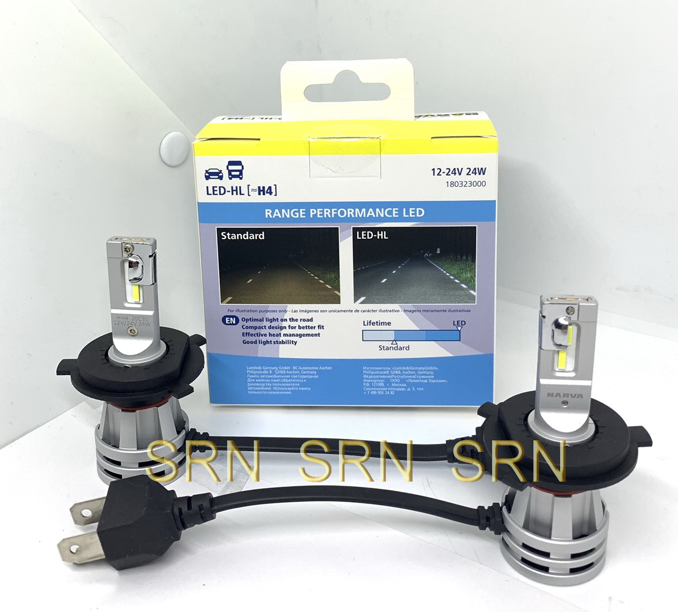 NARVA หลอดไฟหน้ารถยนต์ ขั้ว H4 +150% LED 6500K (12V และ 24V) RANGE PERFORMANCE แถมฟรี LED T10 ...