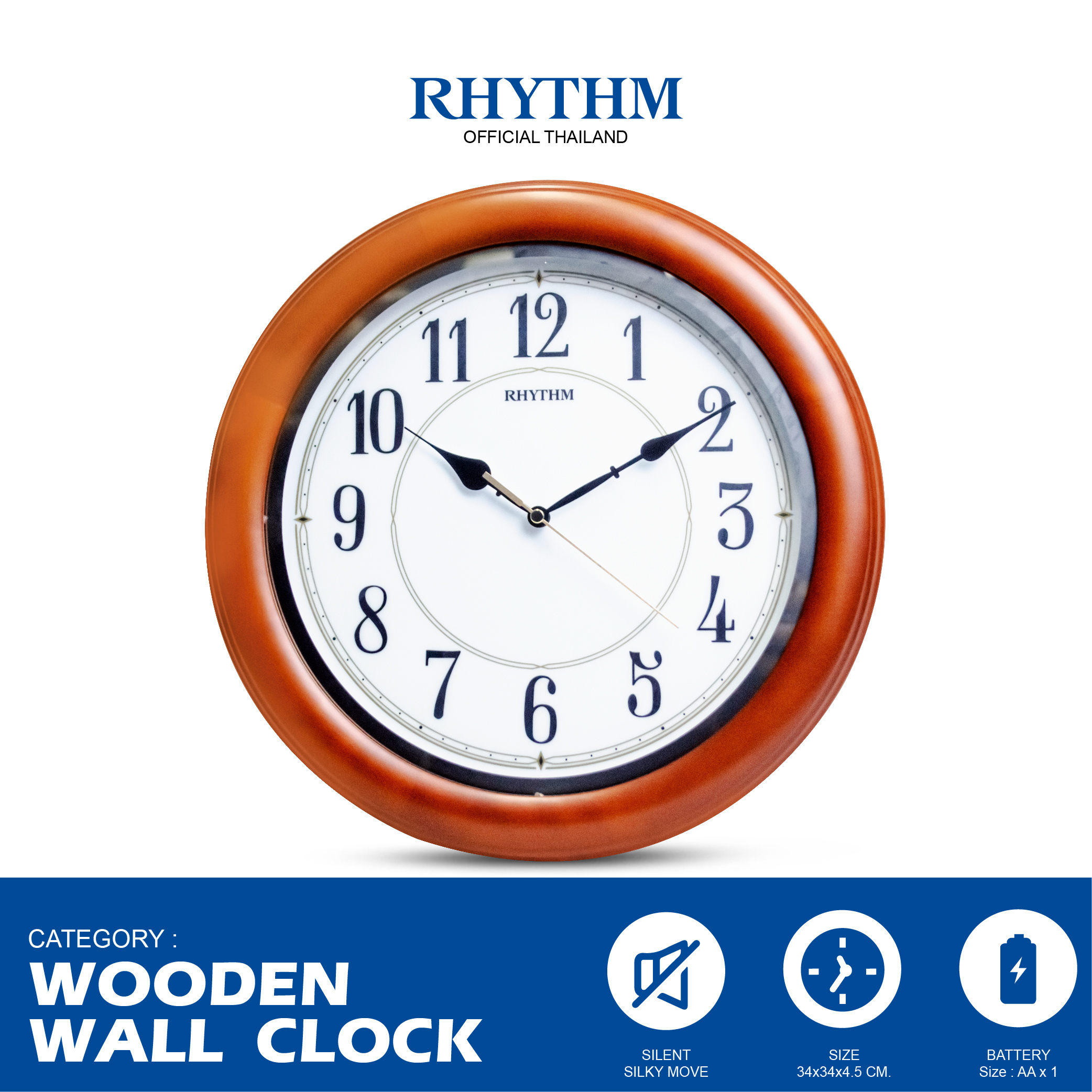 นาฬิกาแขวน RHYTHM นาฬิกาตกแต่งบ้านวินเทจ ขอบพลาสติกลายไม้ ขนาด 34 ซม. ...