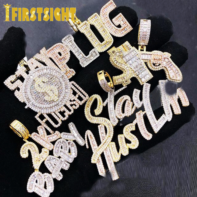 Iced Out Bling CZ Letter Pendant Necklace Various Design 5A Zircon Two ...