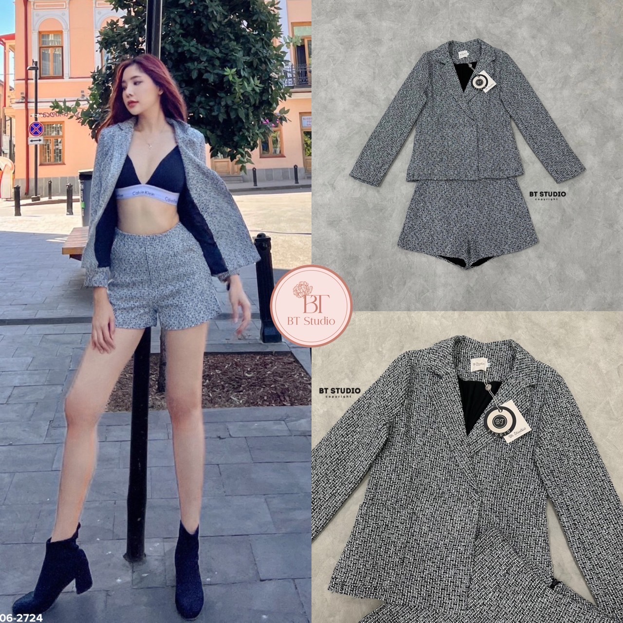 งานป้าย BT-Studio set 2ชิ้นเสื้อเบเซอร์แขนยาวคอปกกระดุมหน้า 2เม็ด เนื้อผ้าทวิตมีลายในตัวกระเป๋า ...