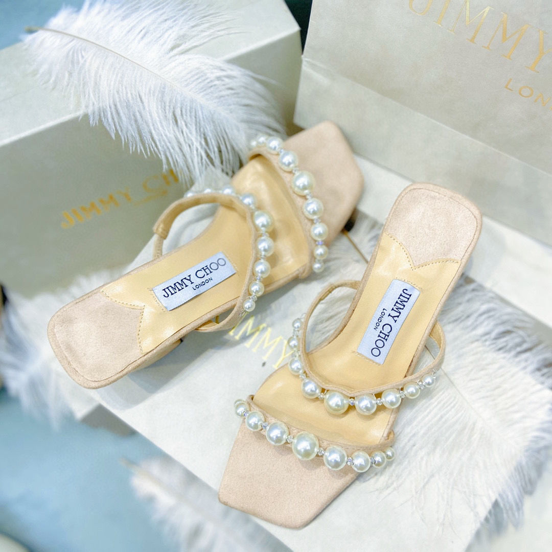 【high quality】original Jimmy Chooˉ pearl double belt square head thick ...