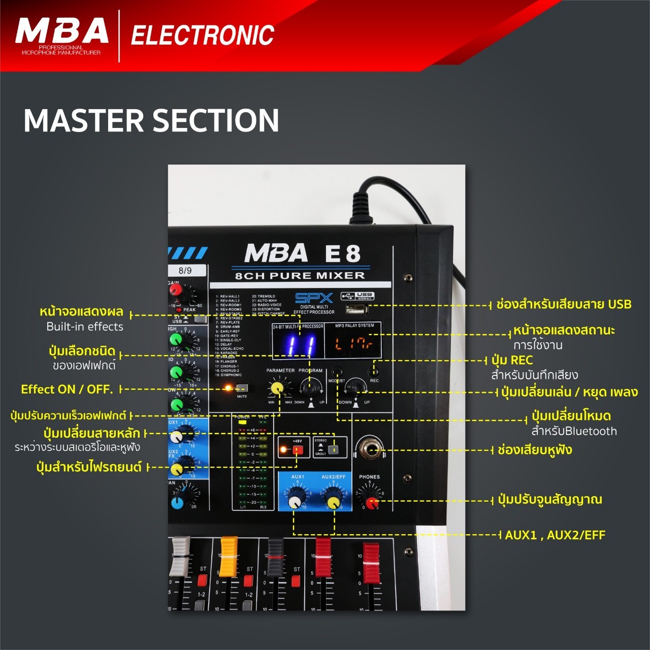 MBA Electronic มิกเซอร์ MIXER มิกใบ้ 8ch มิกซ์ รุ่น E8 มิกเซอร์แต่ง ...