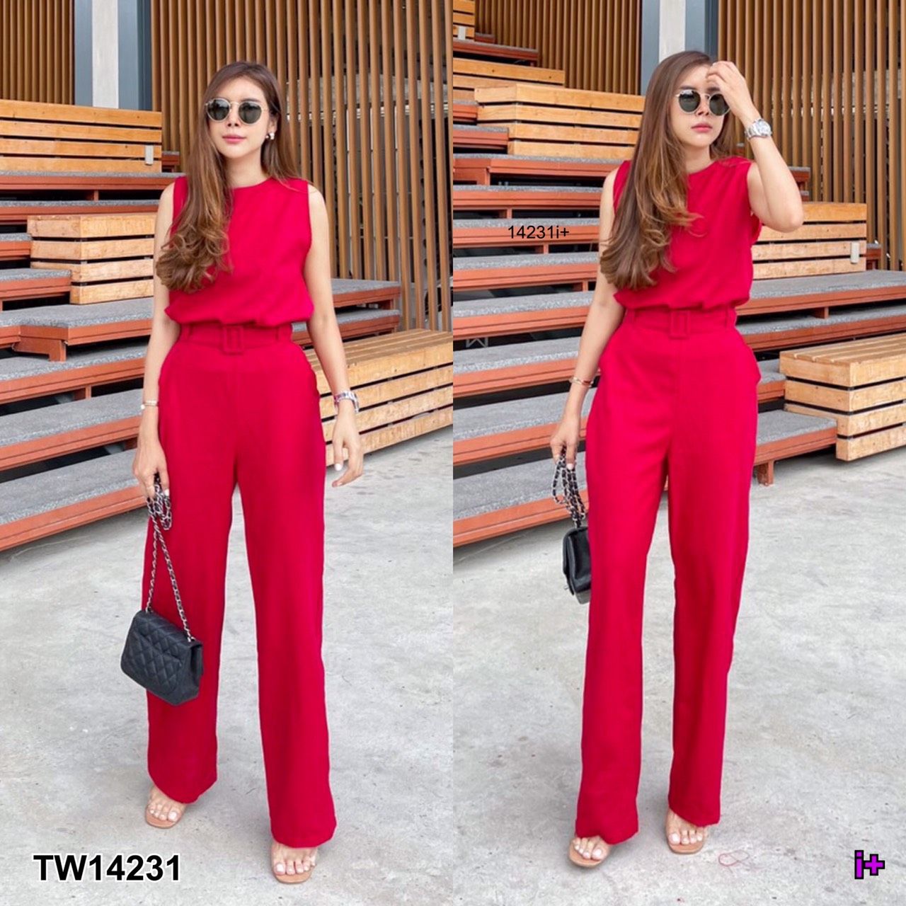 14231 Set เสื้อแขนกุด + กางเกงขายาว + เข็มขัด Set: sleeveless shirt ...