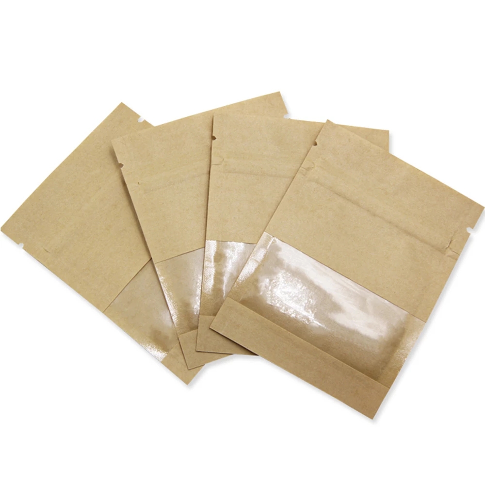 100Pcs Brown White Kraft Paper Zip Lock Bag with Clear Window Self Seal ...