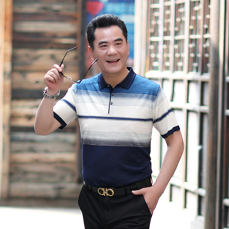 901A ฤดูร้อนวัยกลางคนแขนสั้น T เสื้อเชิ้ตผู้ชายผ้าไหมน้ำแข็งทรงหลวม polo เสื้อเชิ้ตเสื้อผ้าฤดู ...