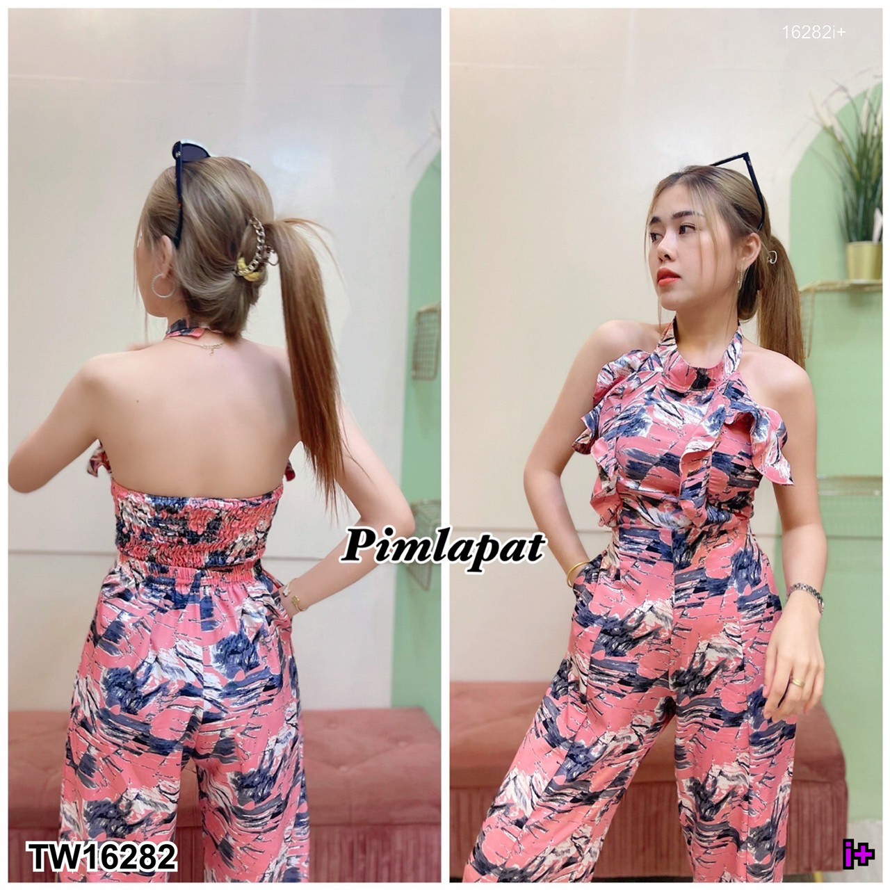 TW16282 Set 2 ชิ้น เสื้อเปิดหลัง + กางเกงขายาว - Twinsshop - ThaiPick