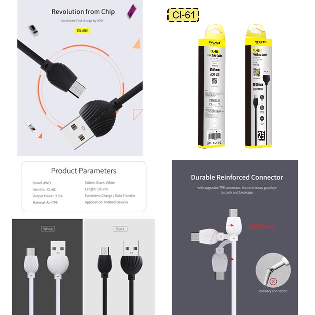 Awei Store CL-61Micro-USB Data Cable Fast ChargingCL-199L Type-C PD20W ...