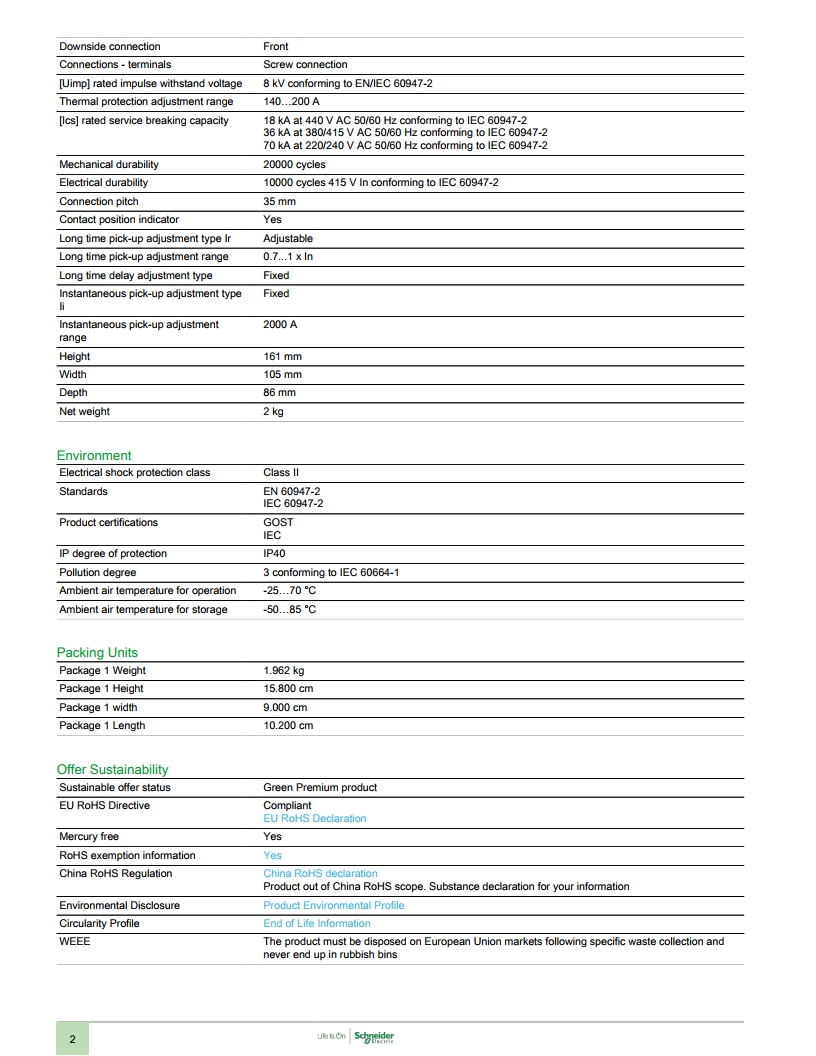 Schneider Circuit breaker EasyPact CVS250F, 36 kA at 415 VAC, 200 A ...