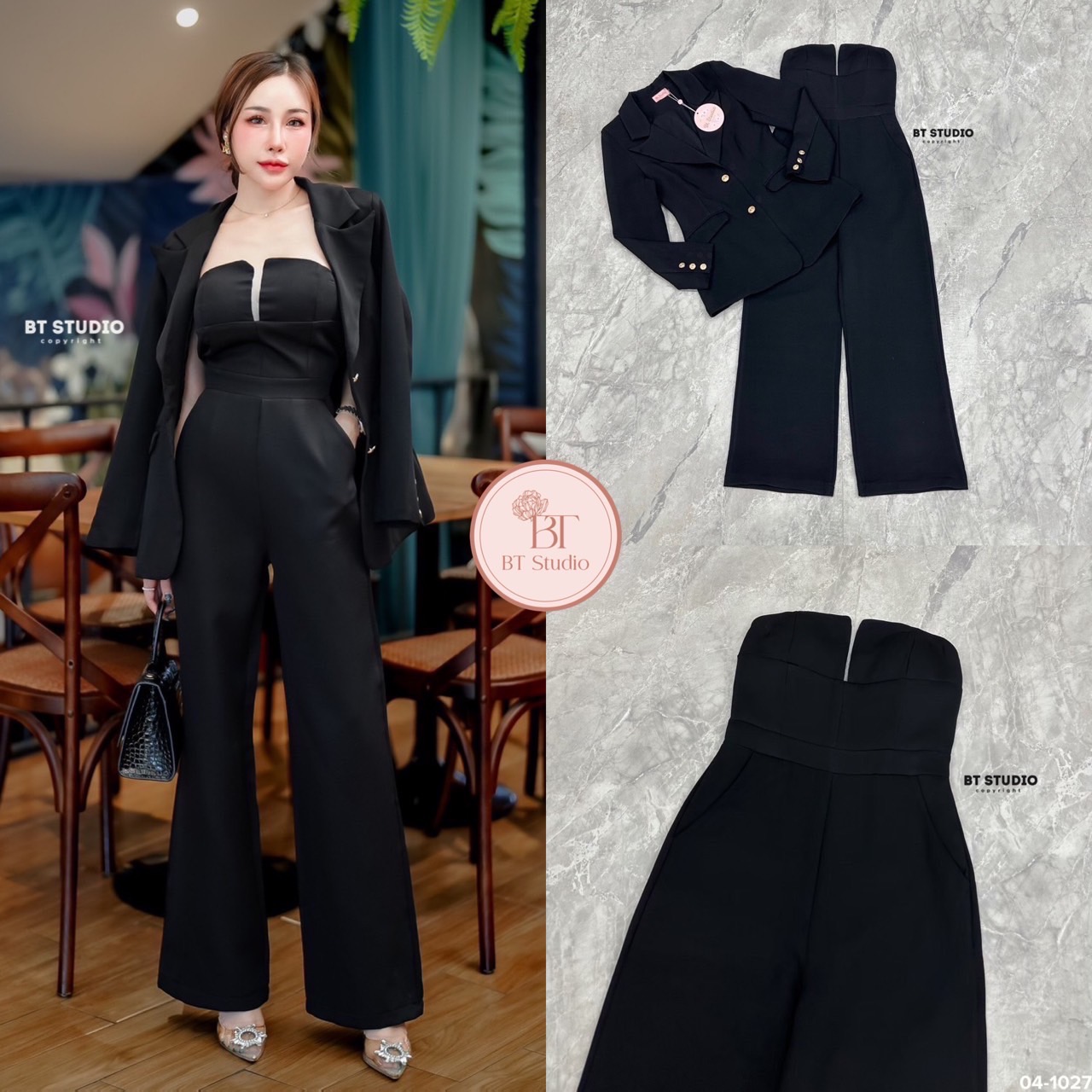 งานป้าย BT-Studio set 2ชิ้นเสื้อเบเซอร์แขนยาวคอปก มาพร้อมจั๊มสูทเกาะอกขายาวช่วงตรงกลางอกแต่ง ...