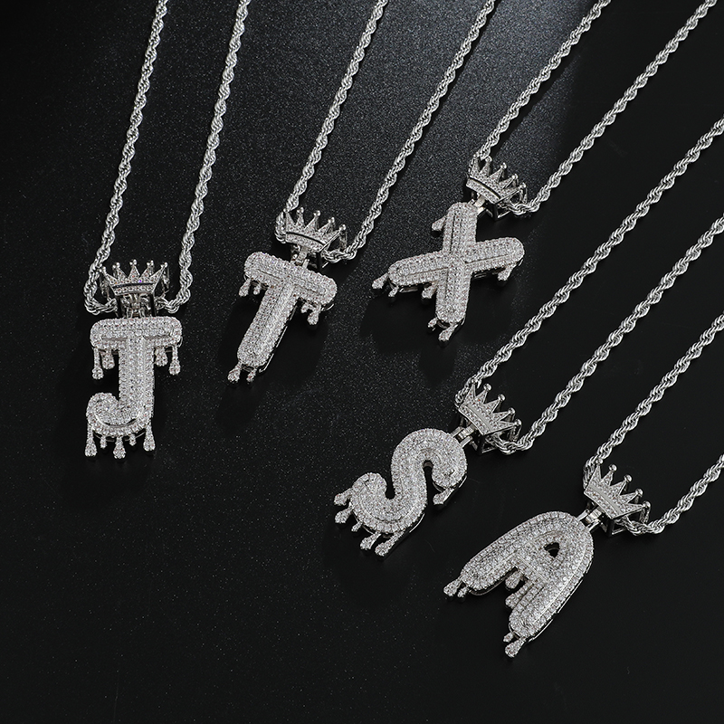 Hip Hop Iced Out Bling Cubic A-Z Drip Crown Zircon Letters Necklaces ...