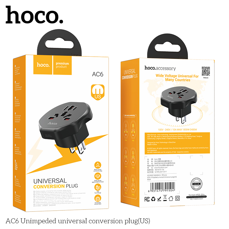 ส่งเร็ว1วัน HOCO AC6 10A 2500W Universal Conversion Adapter Socket EU Plug 100V-250V - Black หัว ...